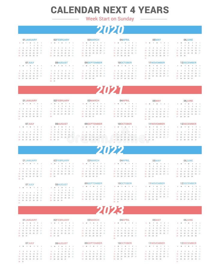 Simple Calendar for 4 Years 2020 2021 2022 2023. Week Start on Sunday ...