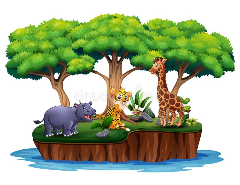 Cartoon Tropical Island with Many Animals Stock Vector - Illustration ...