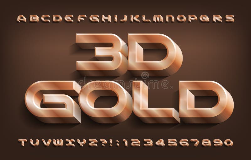 Gold Alphabet Font. 3d Gold Letters and Numbers with Bevel Stock Vector ...