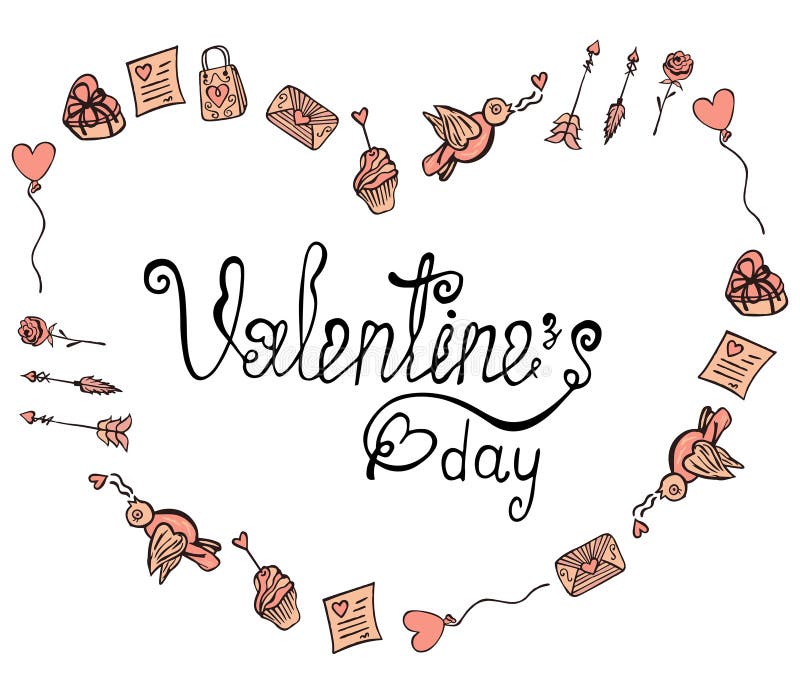Valentine`s Day Frame Made from Hand-drawn Doodles in the Shape of a ...