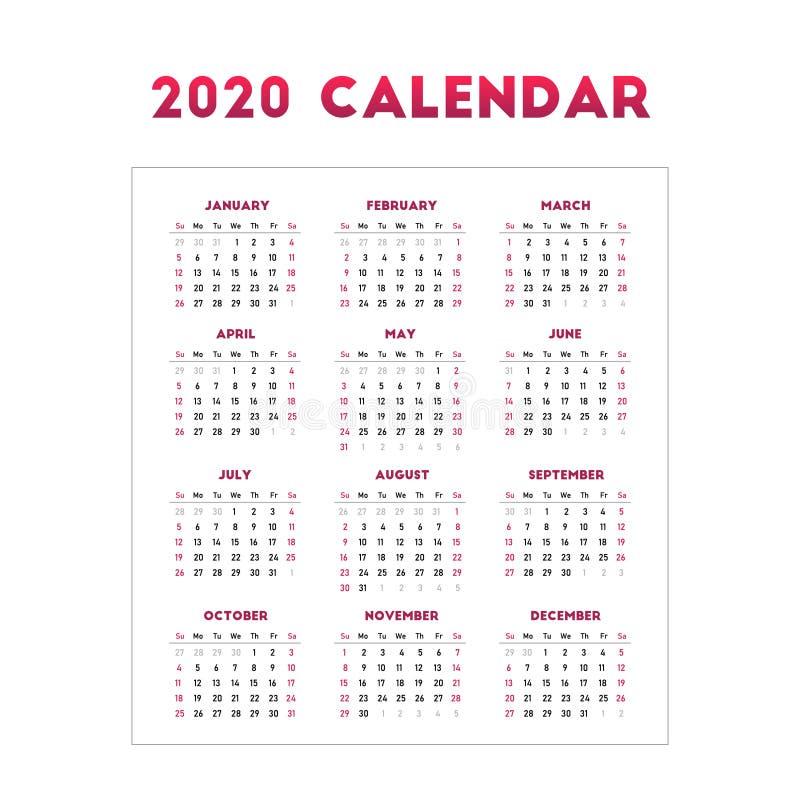 Simple 2020 Calendar Gradient Red Design Stock Vector - Illustration of ...