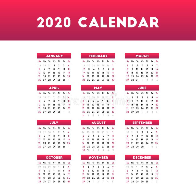 2020 Calendar Gradient Red Design Stock Illustration - Illustration of ...