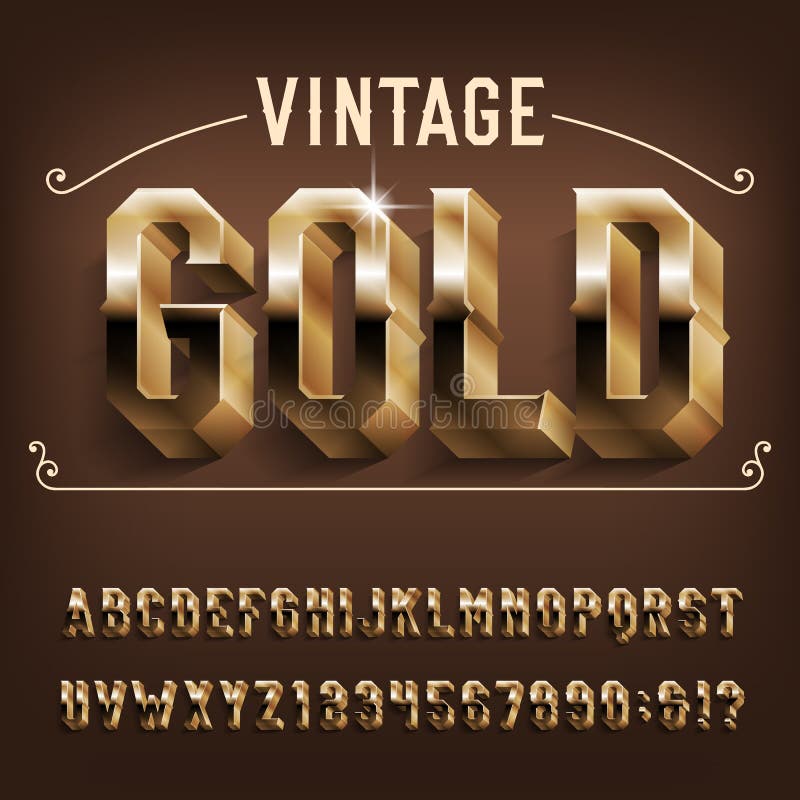 Vintage Gold Alphabet Font. 3D Golden Effect Letters and Numbers with ...