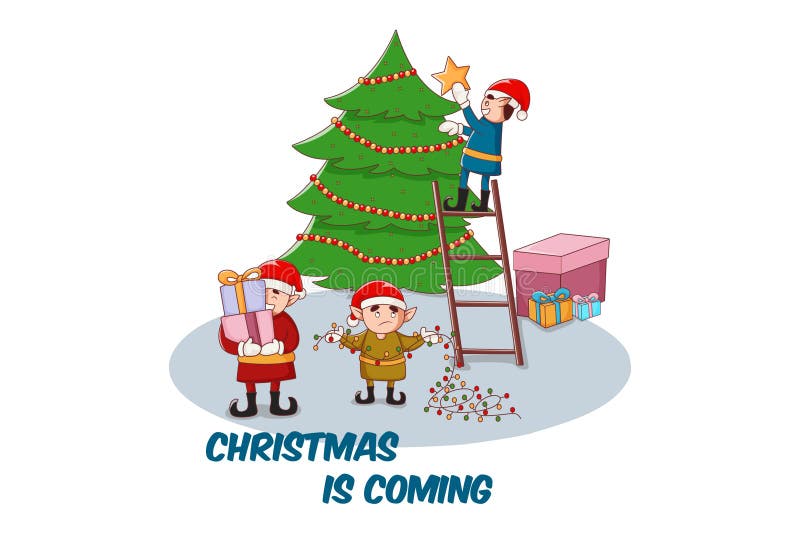 Cartoon Illustration of Boys Decorating the Christmas Tree Stock Vector ...