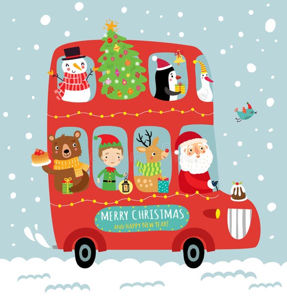 Festive Christmas Bus with Santa and Cute Animals. Stock Vector ...