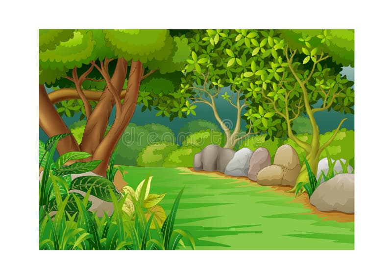 Landscape Forest View with Trees and Rock Cartoon Stock Illustration ...