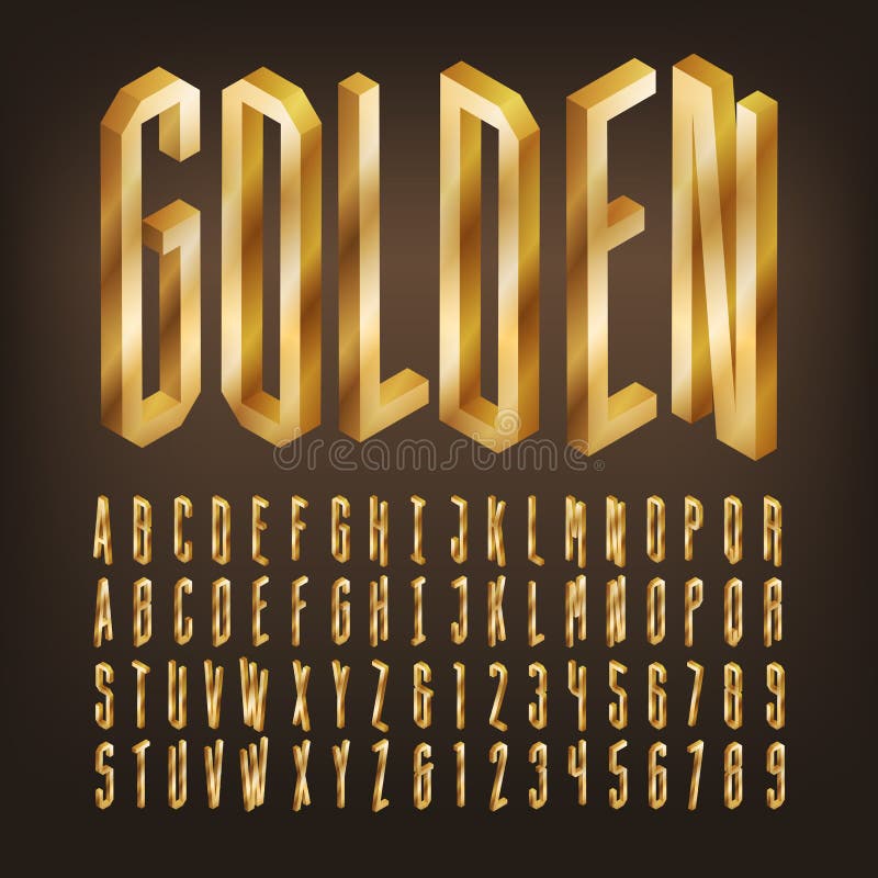 Isometric Gold Alphabet Font. 3d Golden Letters and Numbers Stock ...