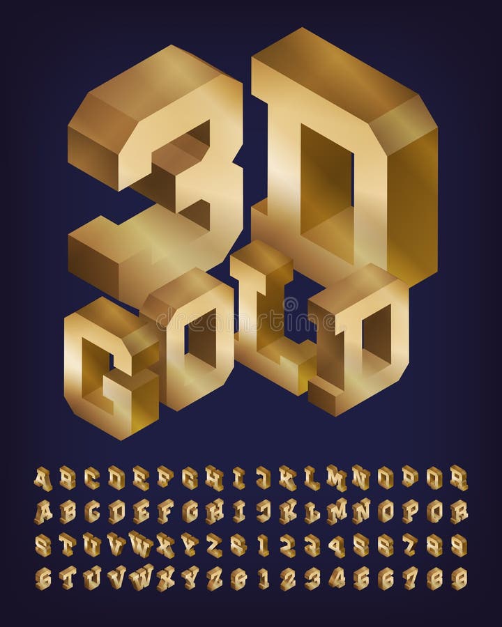 3D Gold Alphabet Font. Isometric Letters and Numbers Stock Vector ...