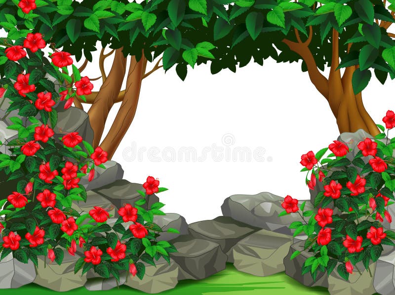 Beautiful Forest View with Rocks, Trees, and Flowers Cartoon Stock ...