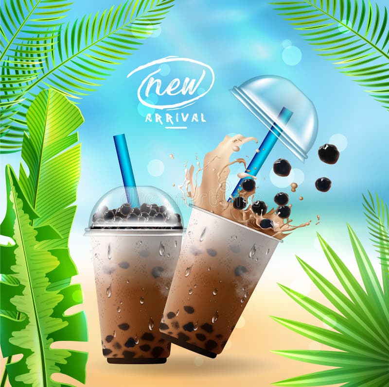 Bubble Milk Tea Ads with Delicious Tapioca and Pearl Pouring into . 3d ...