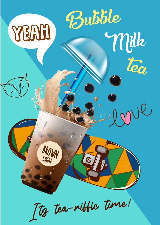 Bubble Milk Tea Ads with Delicious Tapioca and Pearl Pouring into . 3d ...