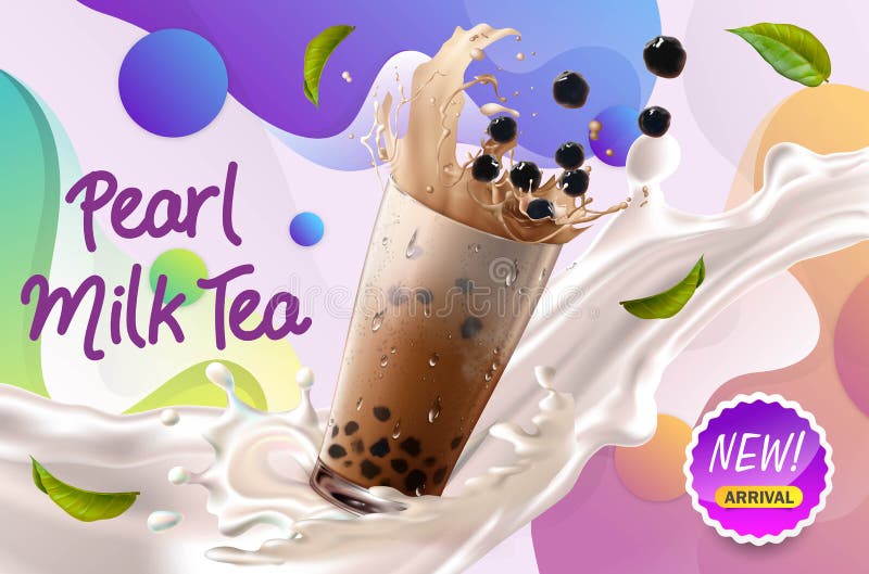 Bubble Milk Tea Ads with Delicious Tapioca and Pearl Pouring into . 3d ...