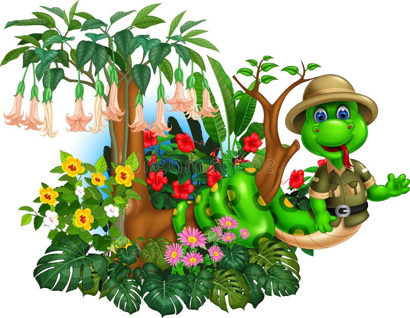 Funny Green Snake with Tropical Plant Flower Cartoon Stock Illustration ...