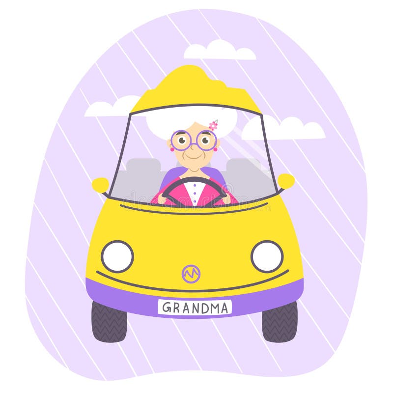 Cheerful Smiling Grandma Driving Yellow Car Stock Vector - Illustration ...
