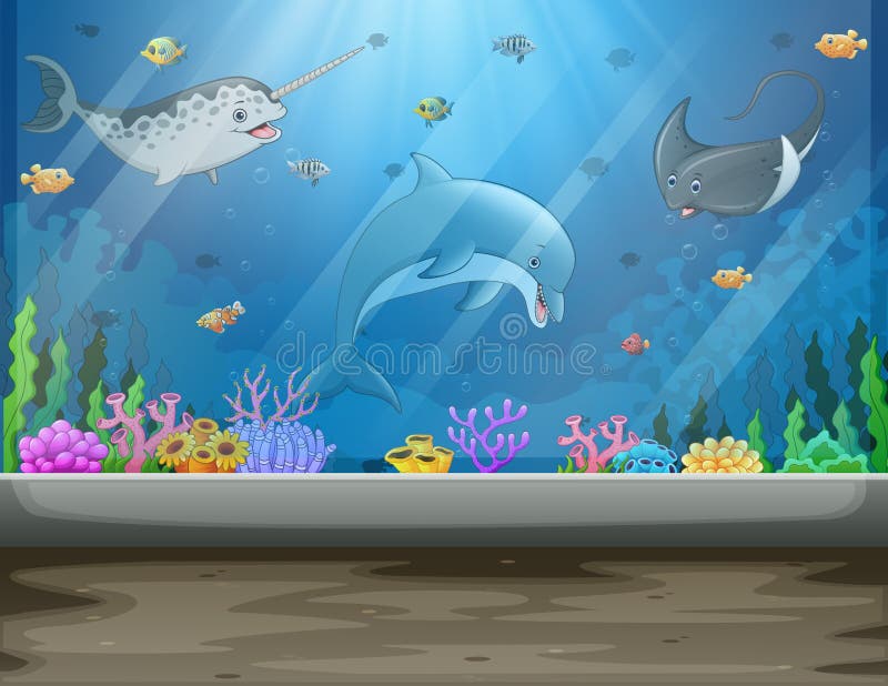 Underwater Museum with Fishes and Algae Big Aquarium Tank Stock Vector ...