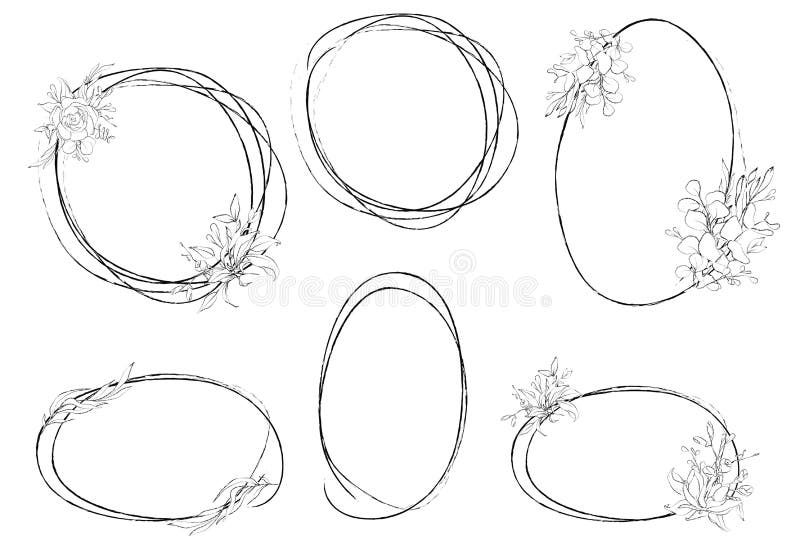 Botanical Sketched Floral Round Frames. Line Art Hand Drawn Plants ...