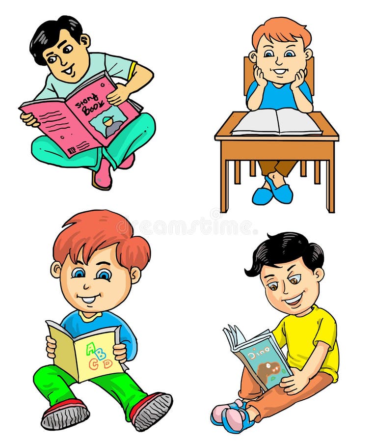 Four Character Cartoon Kids Reading Book Collection Stock Vector ...