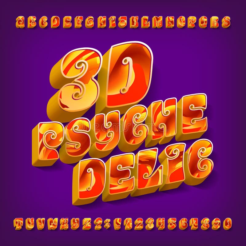 3D Psychedelic Alphabet Font. Colorful Letters and Numbers in 60s Hippy ...