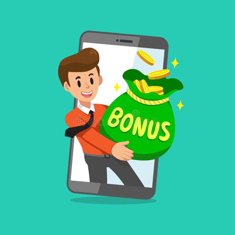 Cartoon Businessman with Big Bonus Money Bag on Smartphone Screen Stock ...