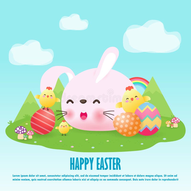 Happy Easter Day Poster. Rabbit Bunny and Cute Chicks Easter Egg ...