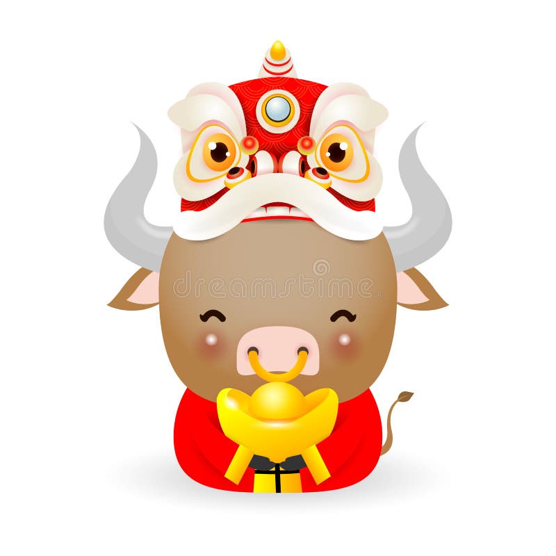 Happy Chinese New Year 2021, Little Ox with Lion Dance Head Holding ...