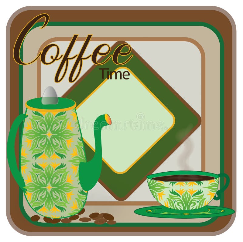 Coffee Time Graphic Image of Pot of Coffee and Cup in Green, Yellow and ...