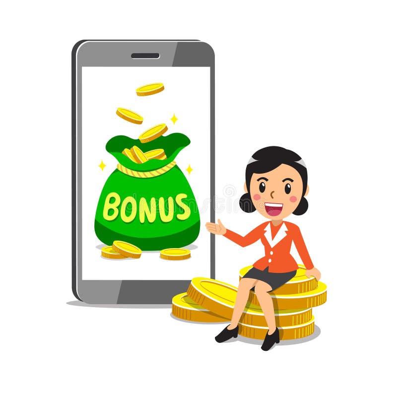 Cartoon Businesswoman with Big Bonus Money Bag on Smartphone Screen ...