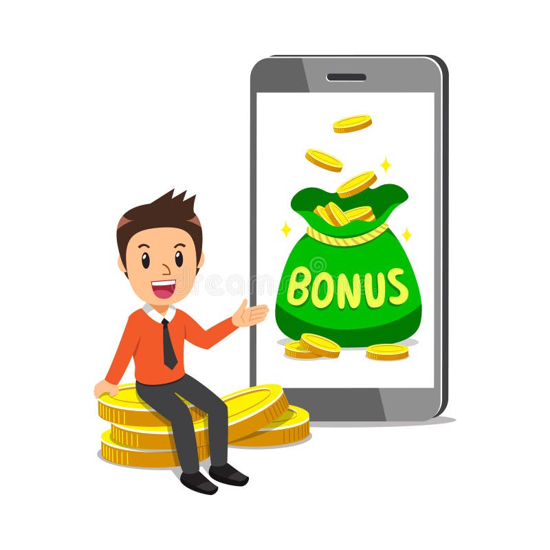 Cartoon Businessman with Big Bonus Money Bag on Smartphone Screen Stock ...