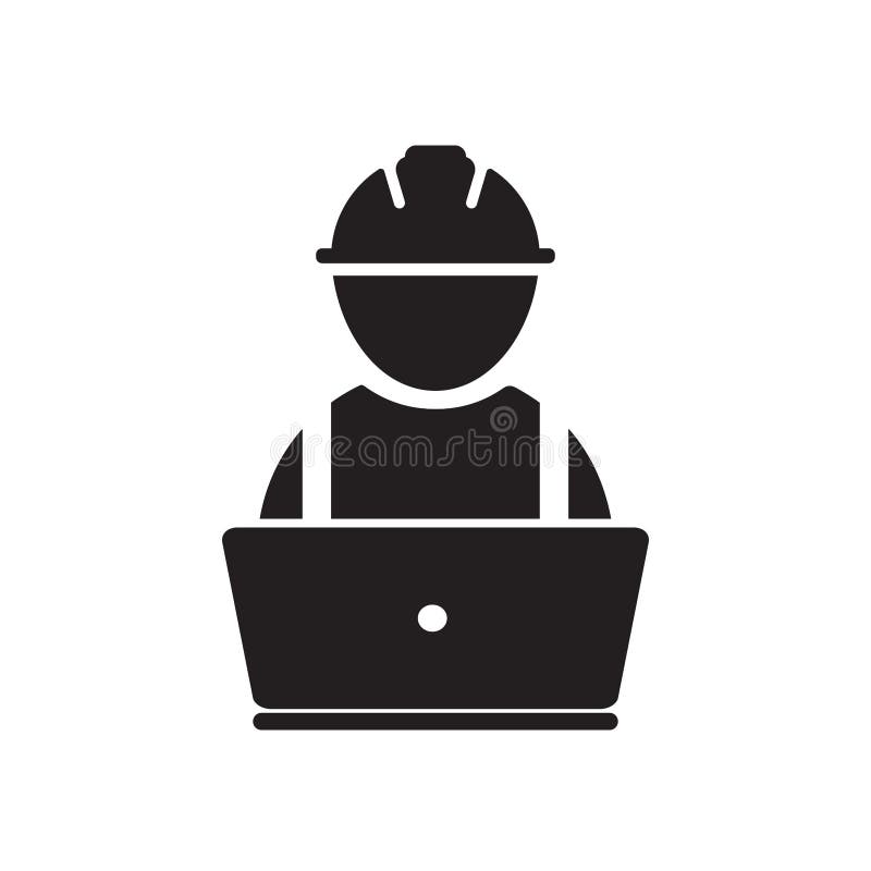 Construction Worker Work with Computer Symbol, Vector Illustration Icon ...