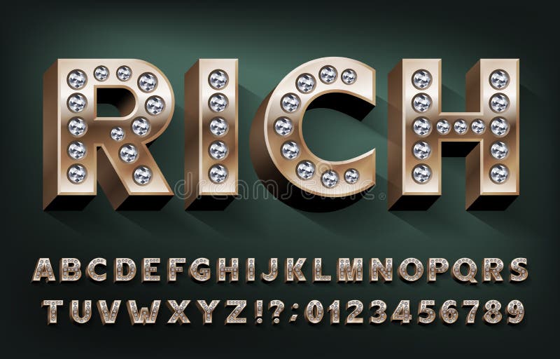 Rich Alphabet Font. 3d Gold Metal Letters and Numbers with Diamonds ...