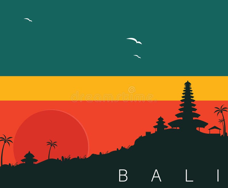 Bali Silhouette with Temple and Sunset Background Stock Illustration ...