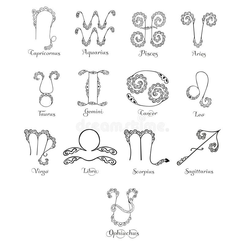 Set of 13 Isolated Black and White Zodiac Signs Hand-drawn in Vintage ...