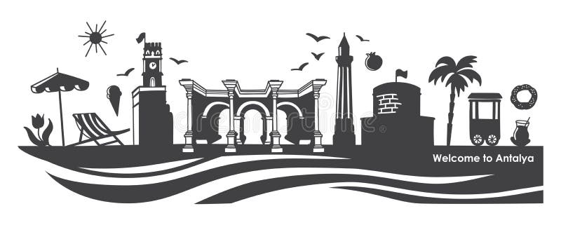 Vector Illustration Welcome To Antalya. Horizontal Banner with Famous ...
