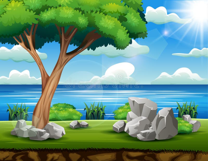 Background of Riverside Scene with Blue Sky Stock Vector - Illustration ...