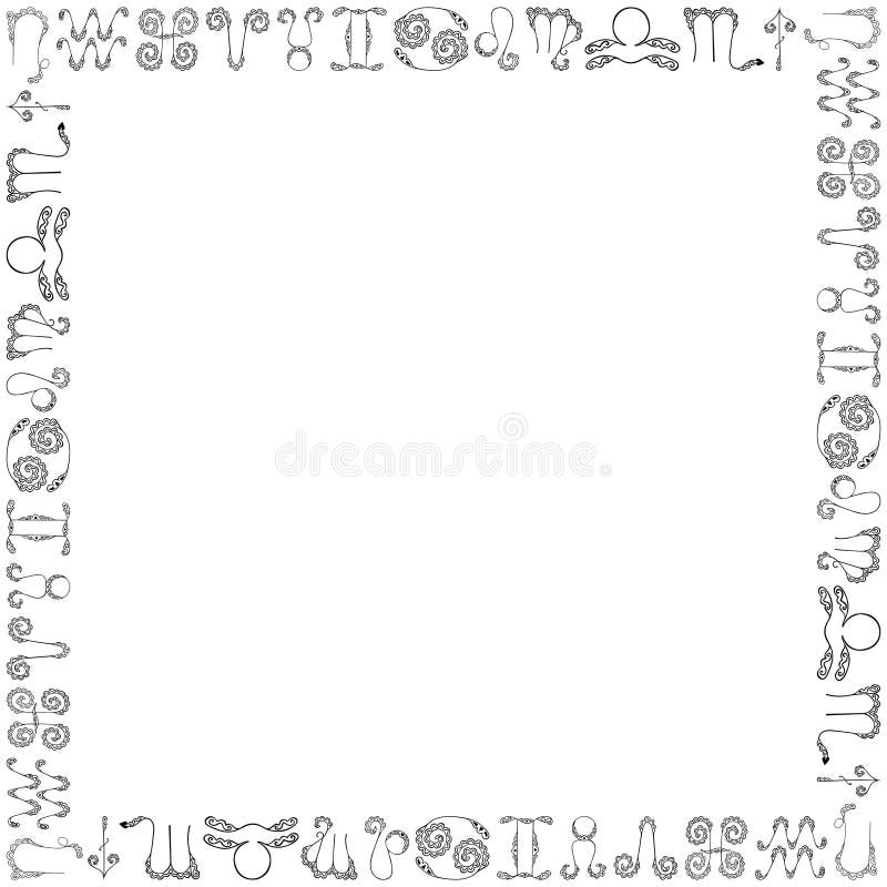 Black and White Square Frame of Hand-drawn Emblems of 12 Zodiac Signs ...