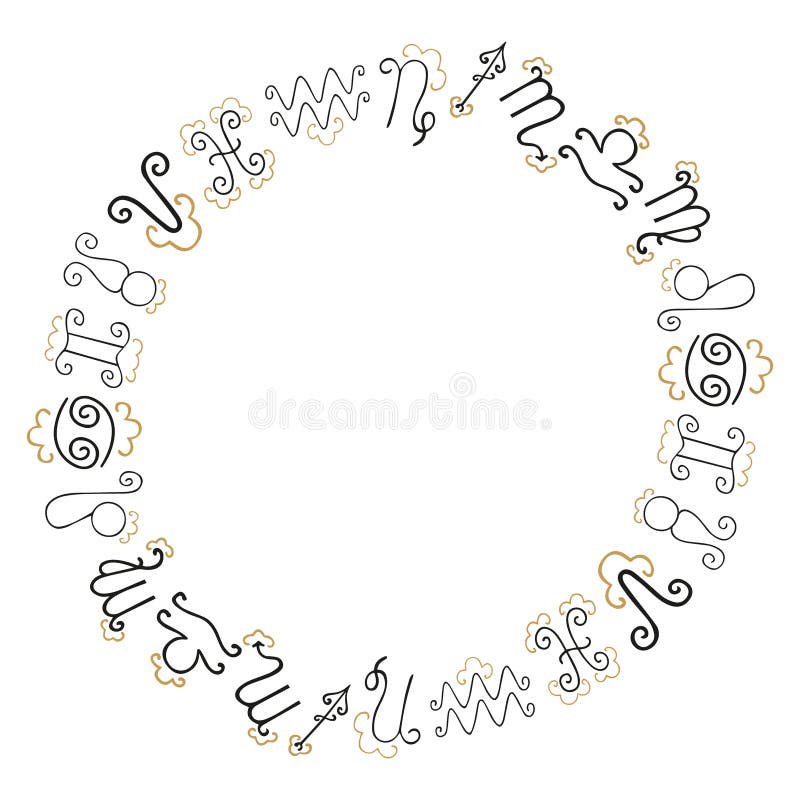 Round Frame of 12 Zodiac Symbols of Black Color with Gold Decorative ...