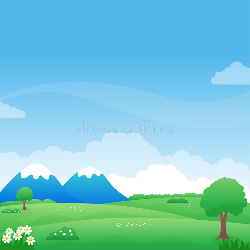Beautiful Nature Landscape Cartoon Illustration with Flowers, Green ...