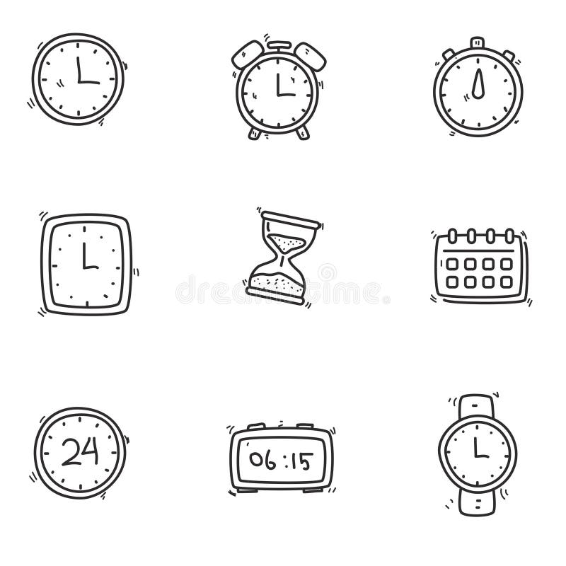 Set of Clock Icons in Cute Doodle Design Stock Vector - Illustration of ...