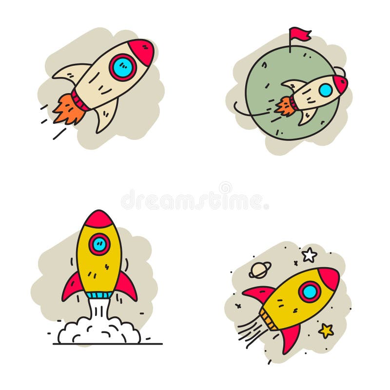 Set of Rocket Vector Illustration on Cute and Colorful Doodle Style ...