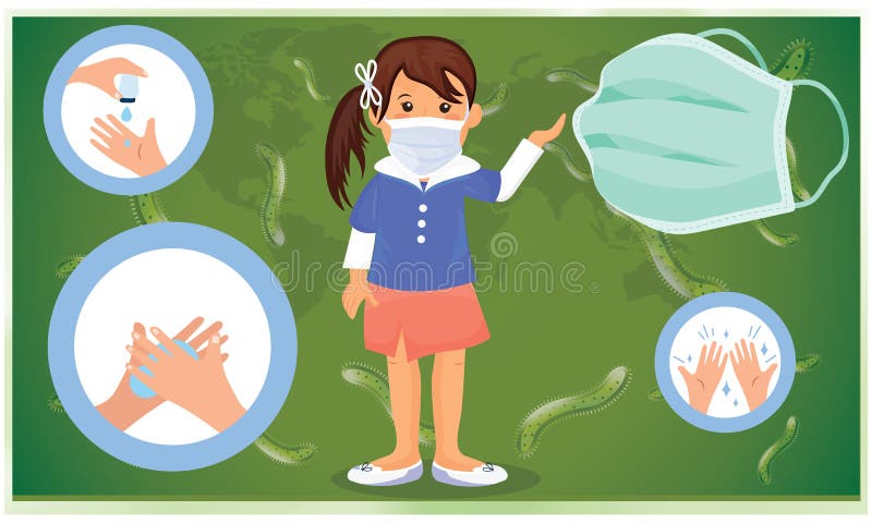 Girl Wearing Mask and Using Liquid for Germs Stock Vector ...