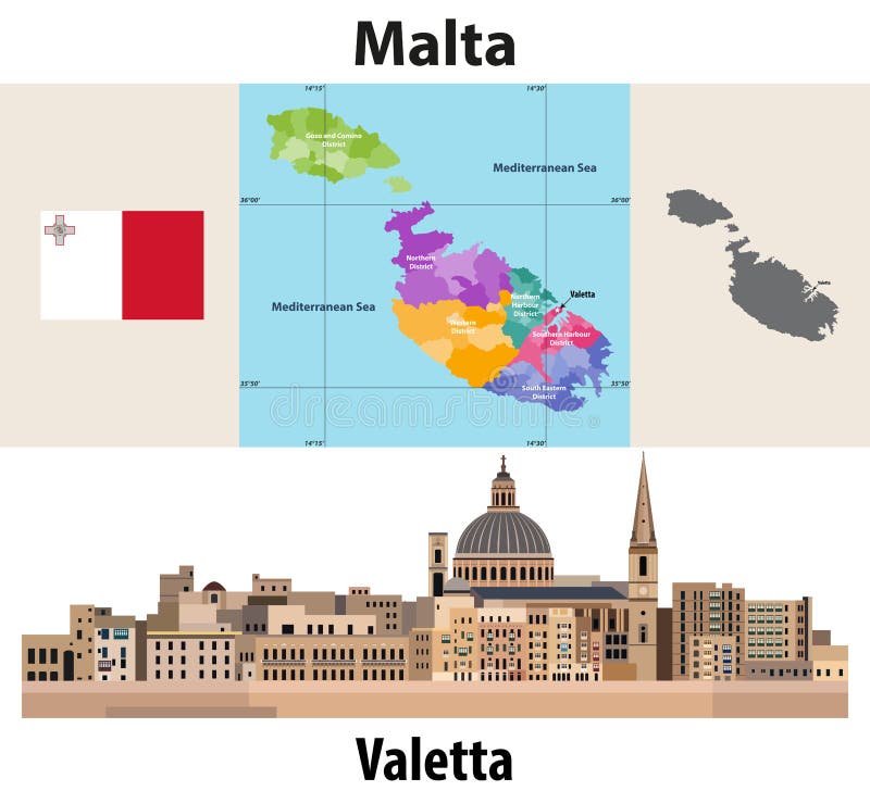 Malta Administrative Divisions Map. Flag of Malta. Flat Style Cityscape ...