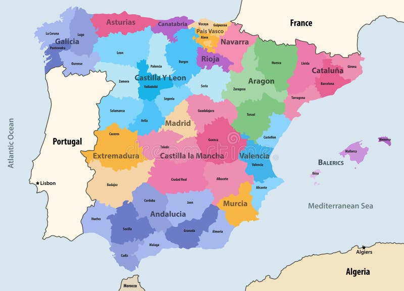 Spain Autonomous Communities and Provinces Vector Map with Neighbour ...