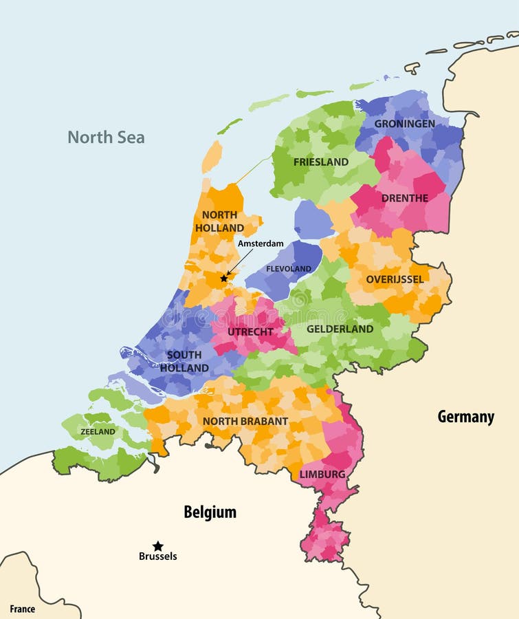 Netherlands Local Municipalities Colored by Provinces Map with ...
