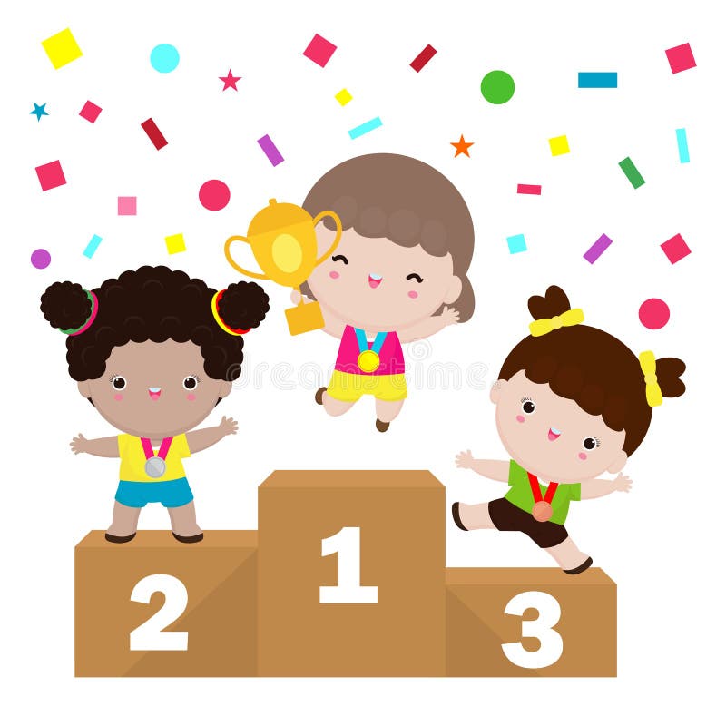 Happy Cute Kids Win Game Gold Trophy Stock Vector - Illustration of ...