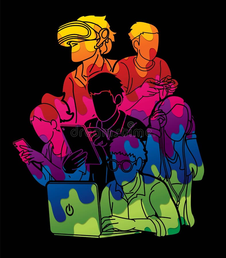 Group of People Using Digital Devices Cartoon Graphic Stock Vector ...