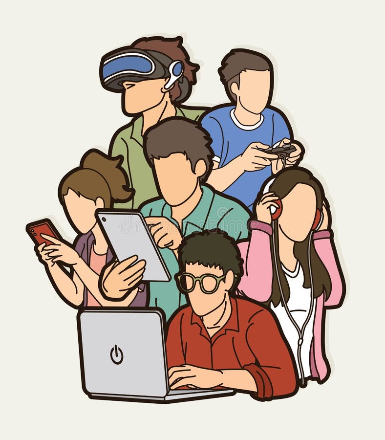 Group of People Using Digital Devices Cartoon Graphic Stock Vector ...