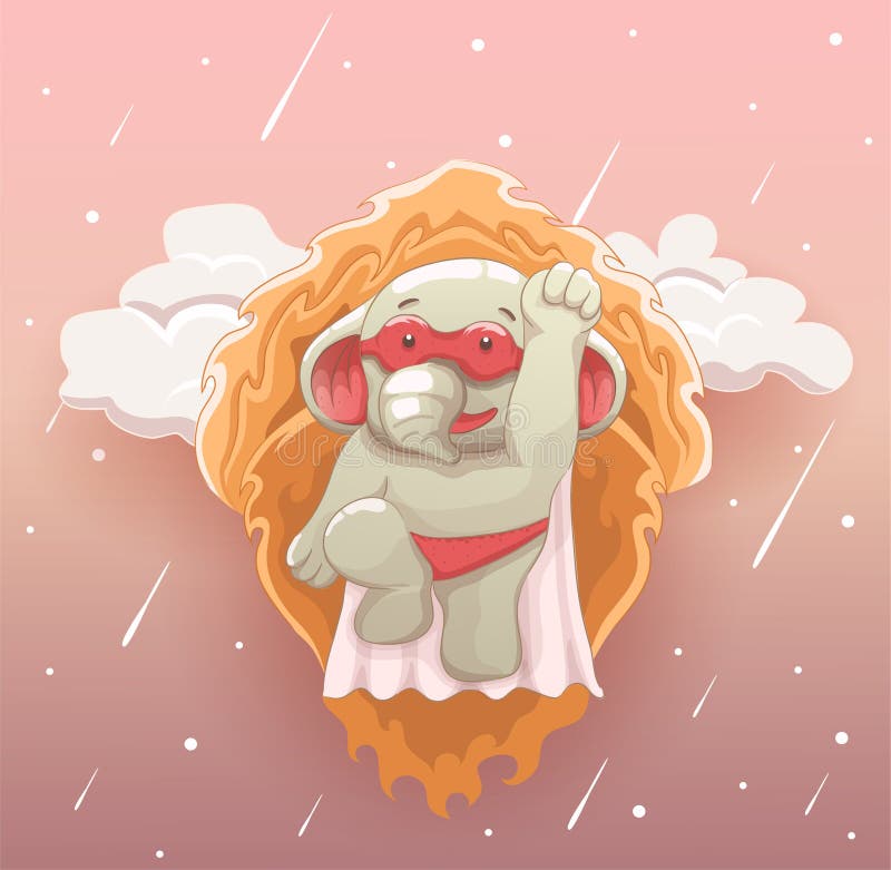 The Elephant Hero in the Sky. Vector Hand Drawn Cartoon Art Style Stock ...