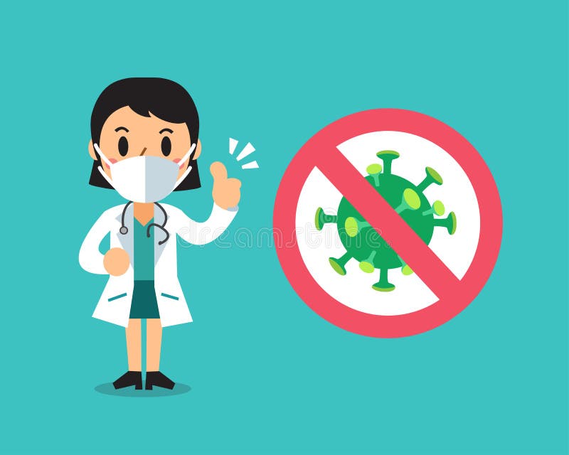 Cartoon Female Doctor Wearing Protective Mask with Anti Virus Sign ...