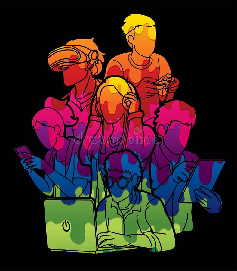 Group of People Using Digital Devices Cartoon Graphic Stock Vector ...