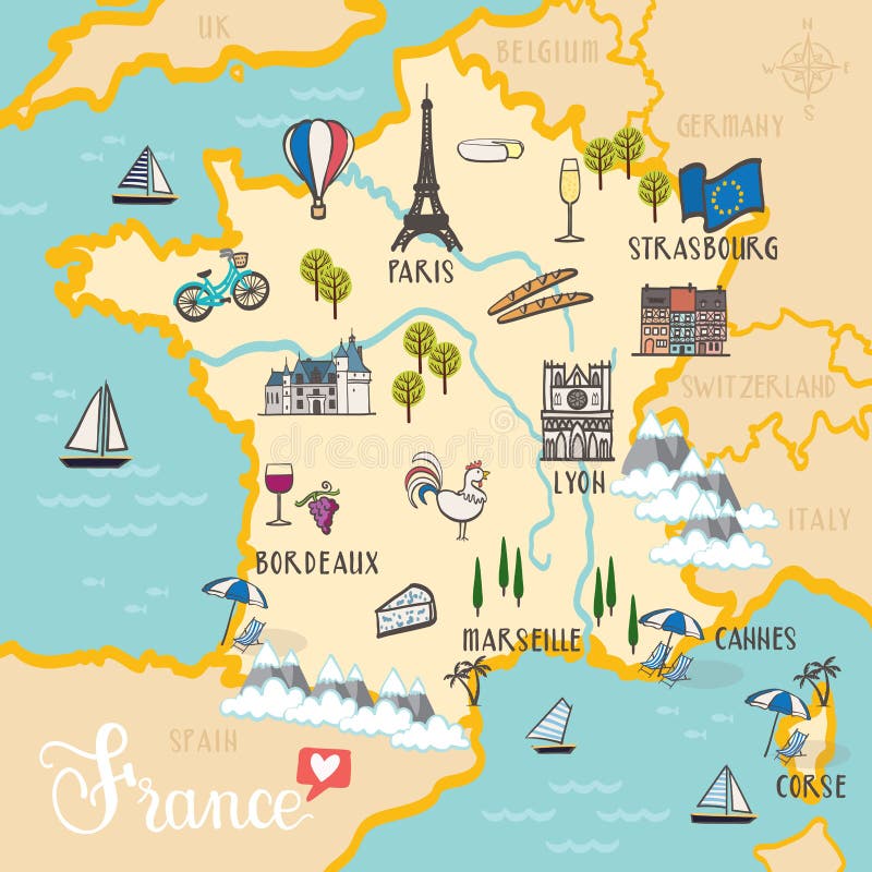 France - Hand Drawn Illustration, Map with Landmarks Stock Illustration ...